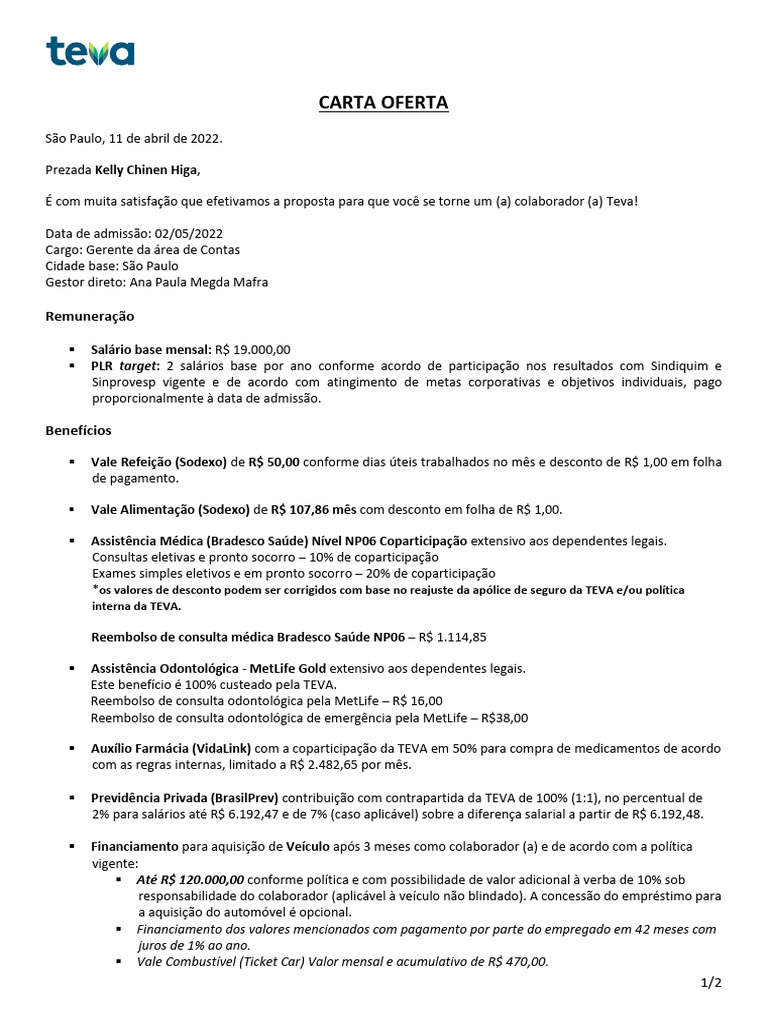 Carta Oferta - Kelly Chinen Higa | PDF | Empréstimos | Carro
