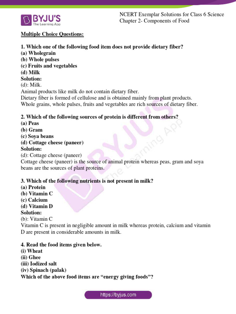 Ncert Exemplar Solutions For Class 6 Science CH 2 | PDF | Foods | Nutrients