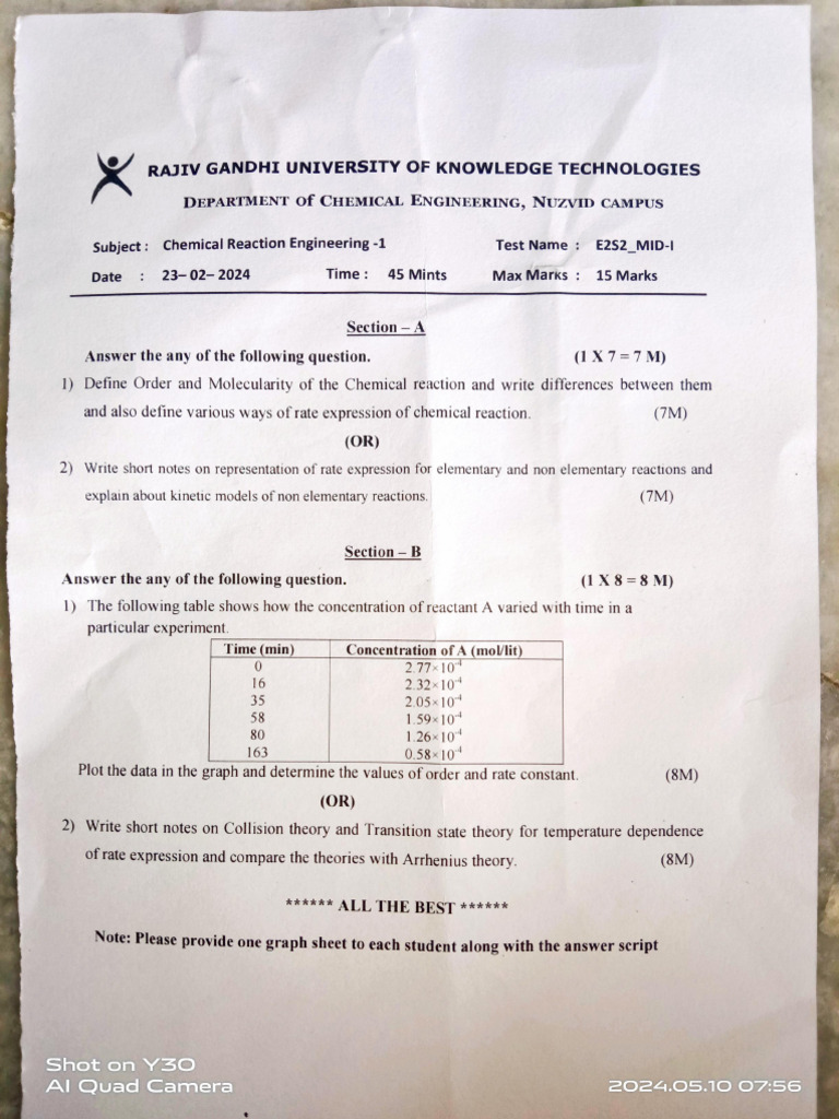 E2SEM2 Question Papers | PDF | Reaction Rate | Chemical Reactor