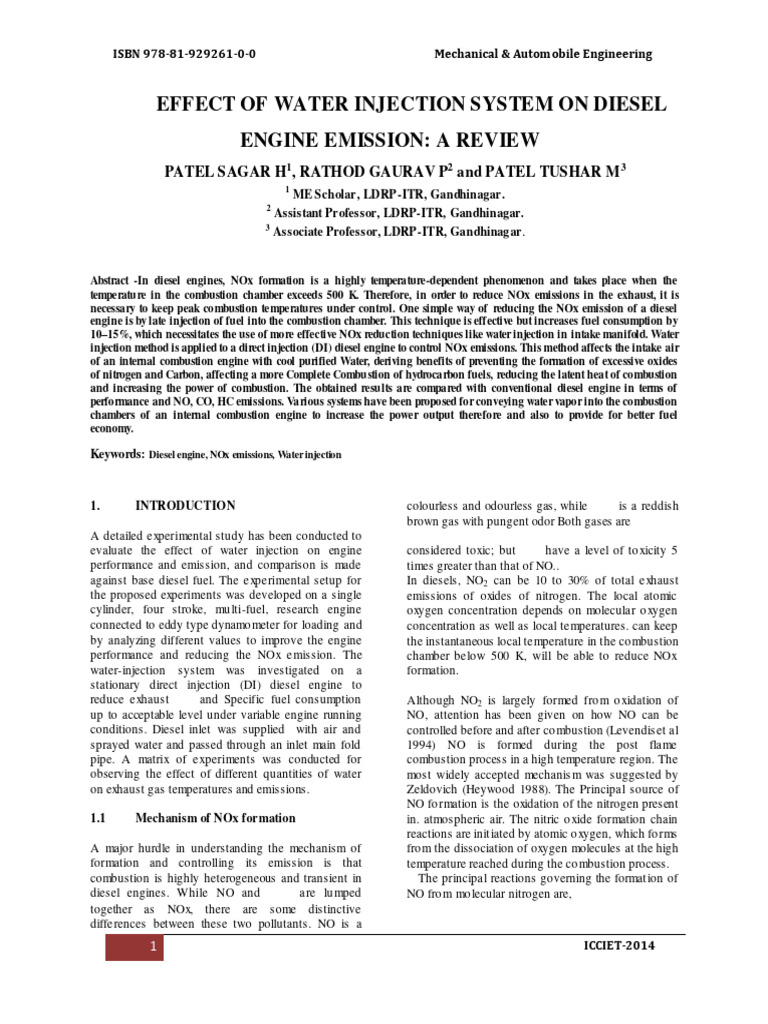 Effect of Water Injection System On Dies | PDF | N Ox | Diesel Engine