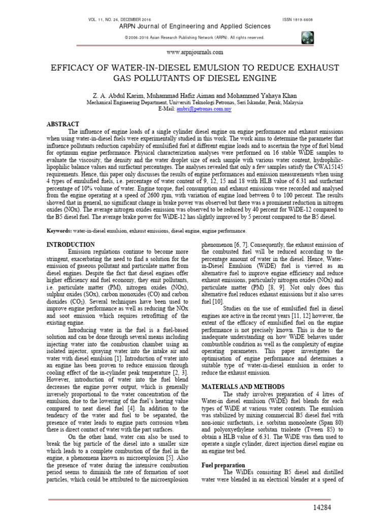 Efficacy of Water in Diesel Emulsion To | PDF | Diesel Engine | N Ox