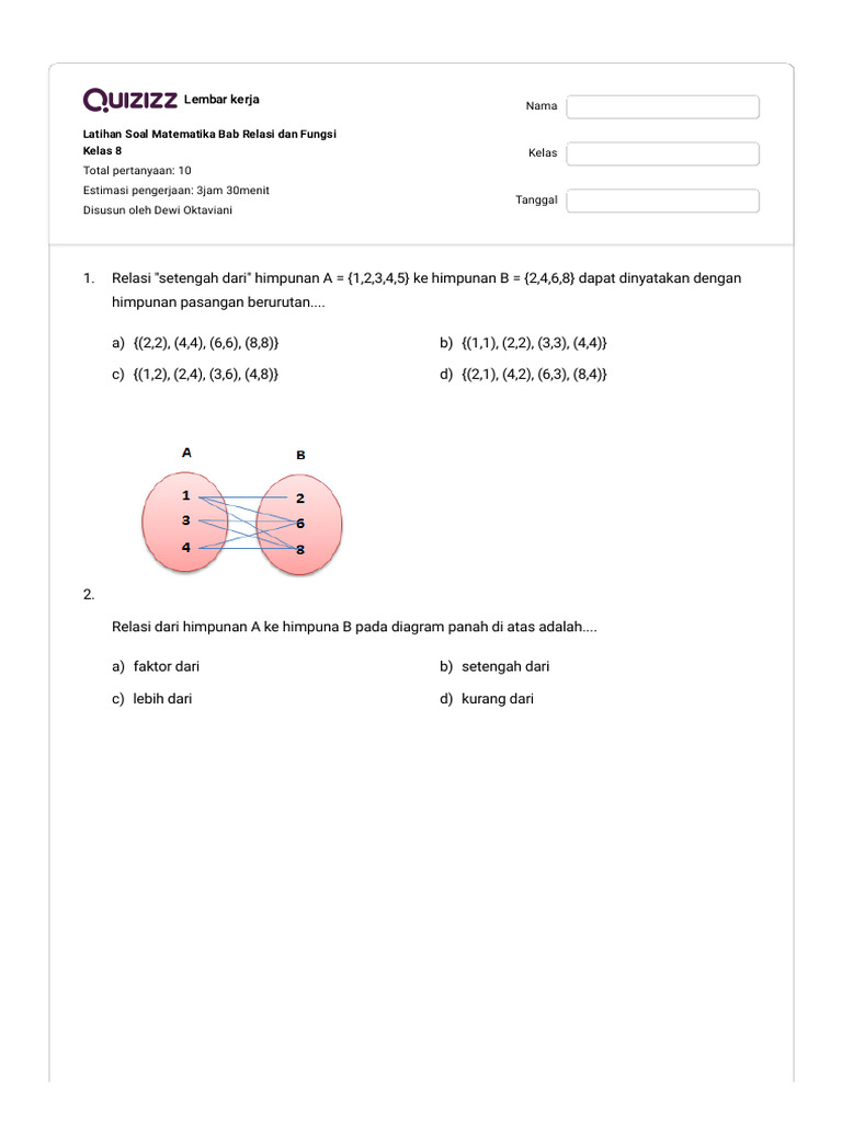 Latihan Soal Relasi dan Fungsi Kelas 8 | PDF