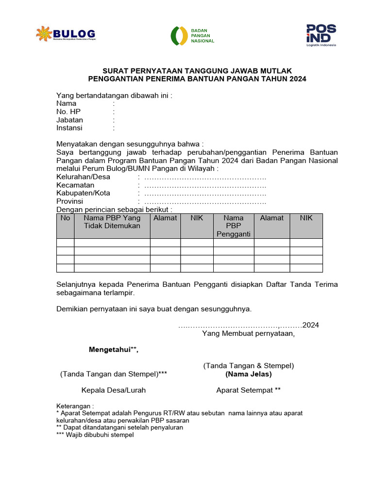 Dok 8 - Form SPTJM Penggantian Penerima Bantuan Pangan | PDF ...