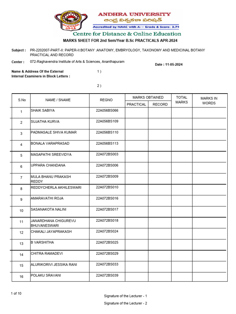 072 PR-2202007 Practical Marks Entry Sheet | PDF