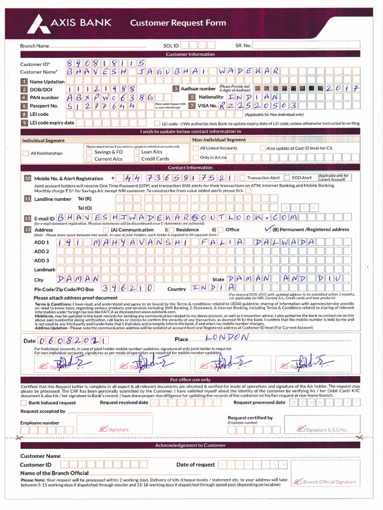 Customer Account Update Request Form | PDF | Financial Services | Banking