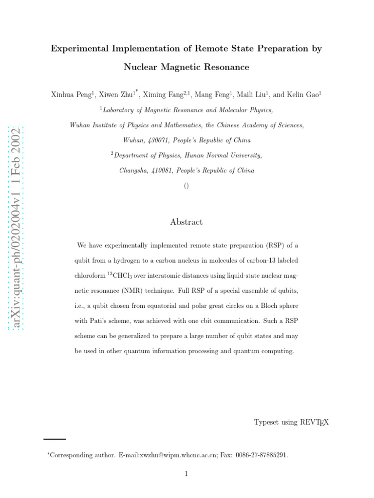 Experimental Implementation of Remote State Preparation by Nuclear Magnetic Resonance | PDF ...