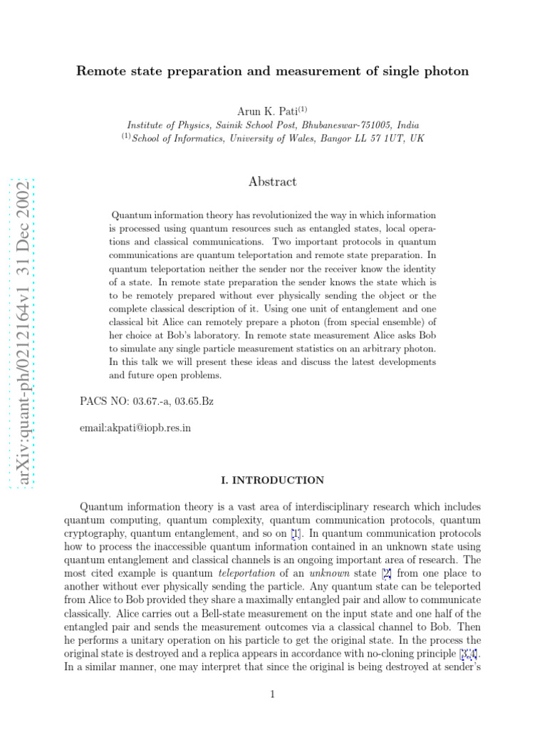 Remote State Preparation and Measurement of Single Photon | PDF ...