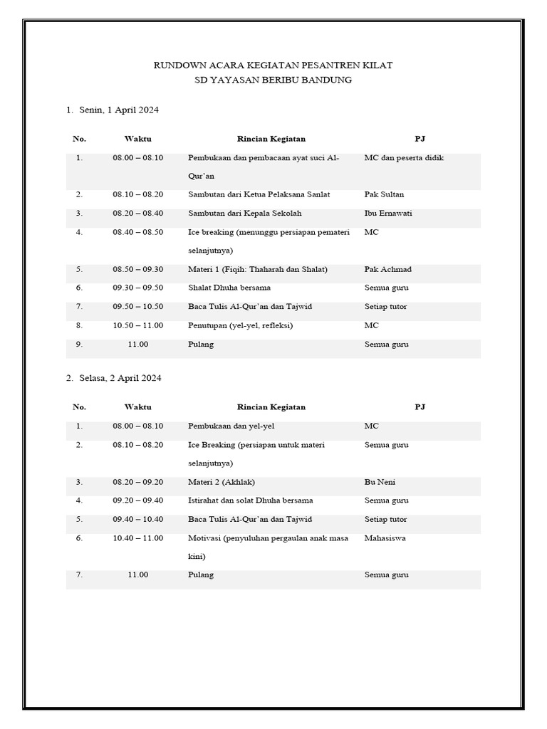 Rundown Acara Kegiatan Pesantren Kilat 2024 | PDF