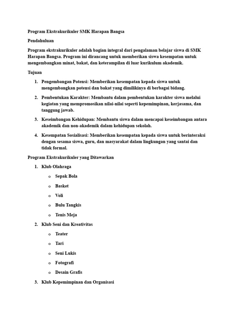 Program Ekstrakurikuler Smk Harapan Bangsa Pdf