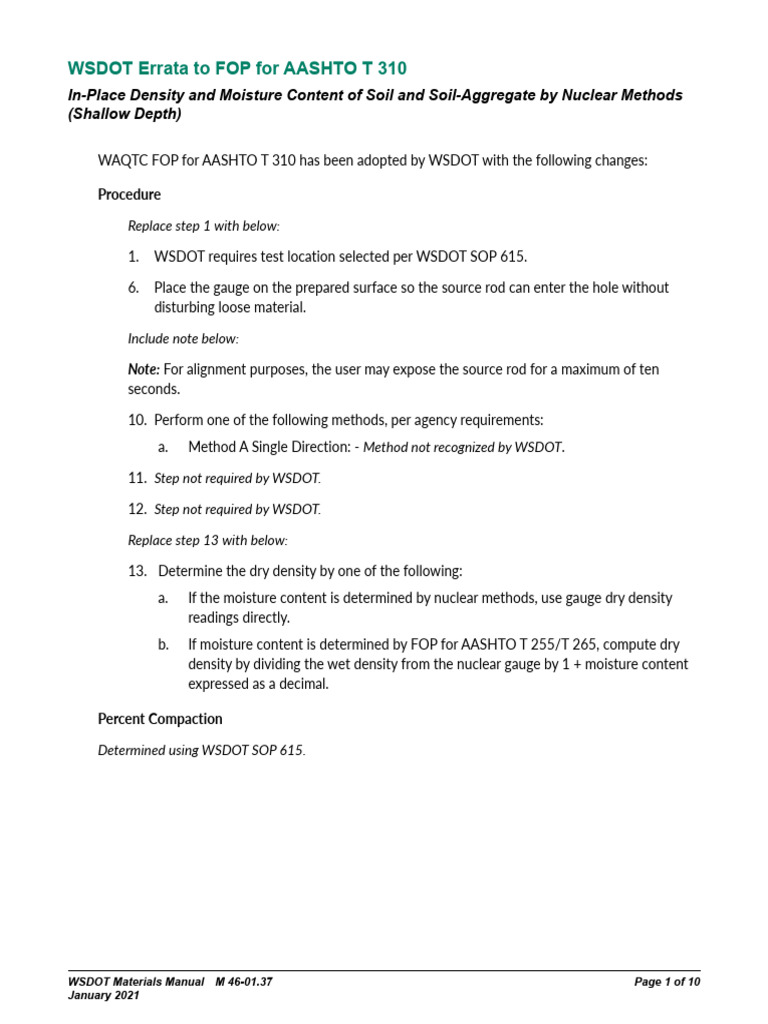 WSDOT Errata To FOP For AASHTO T 310 | PDF
