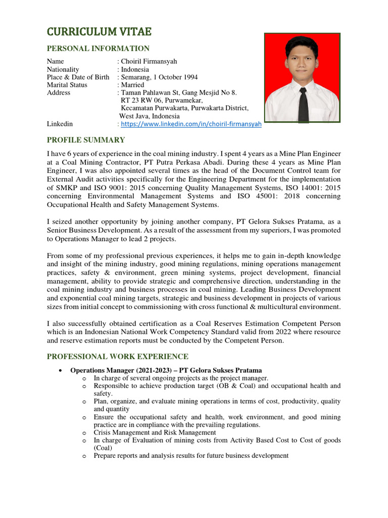 CV Choiril Firmansyah New | PDF | Mining | Occupational Safety And Health