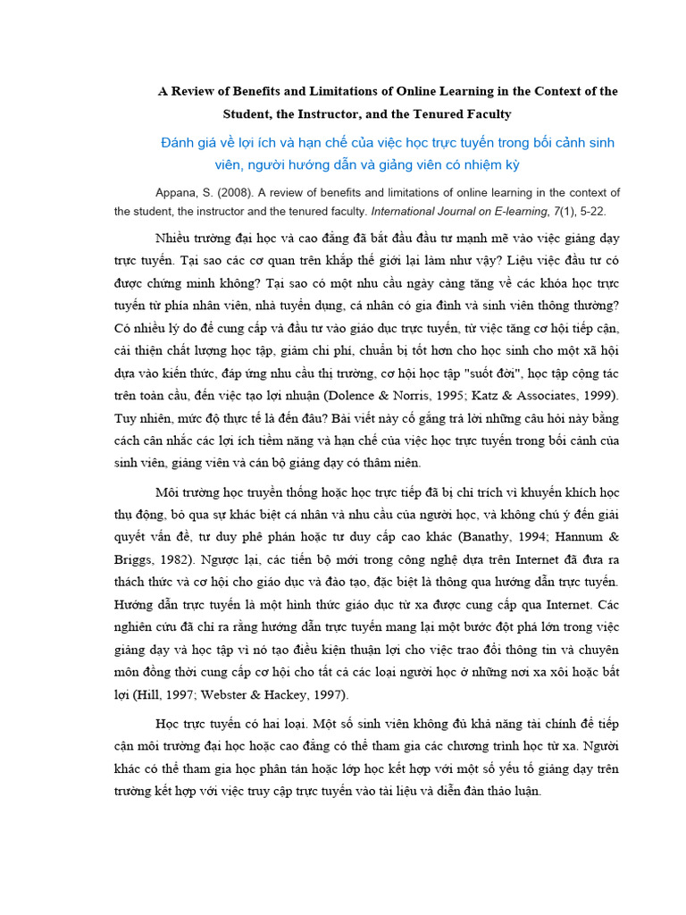 A Review of Benefits and Limitations of Online Learning in The Context of The Student | PDF