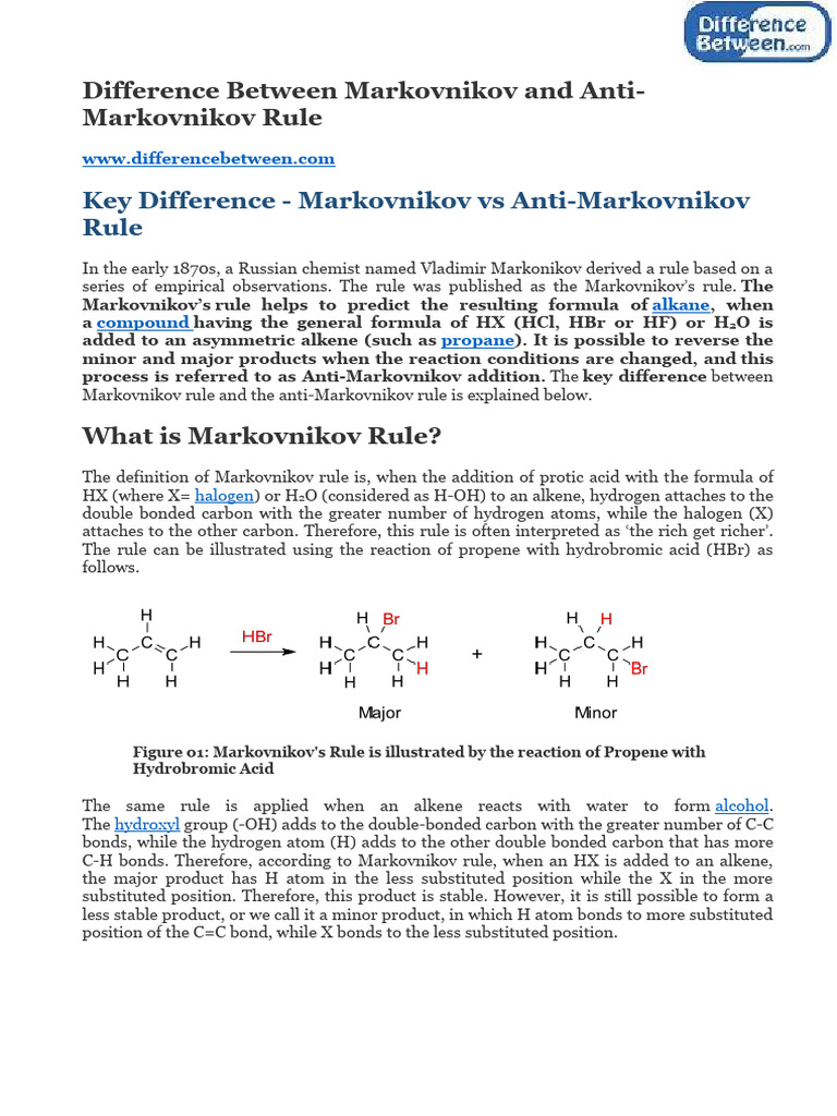 Difference Between Markovnikov and Anti Markovnikov Rule | PDF | Chemical Reactions | Alkene