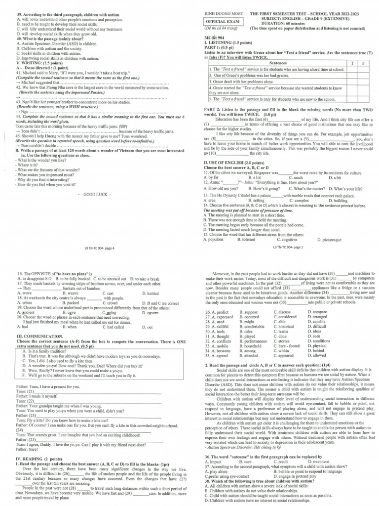De Anh 9_HK1_2022-2023 | PDF