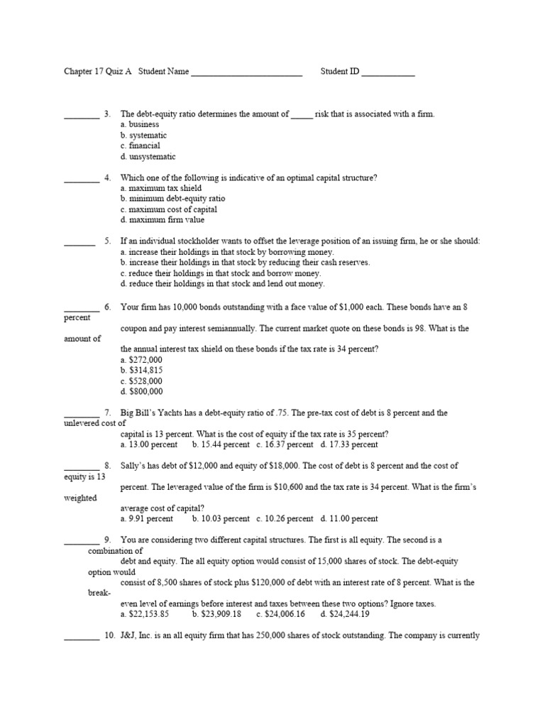 Capital Structure Quiz Questions | PDF | Cost Of Capital | Capital ...