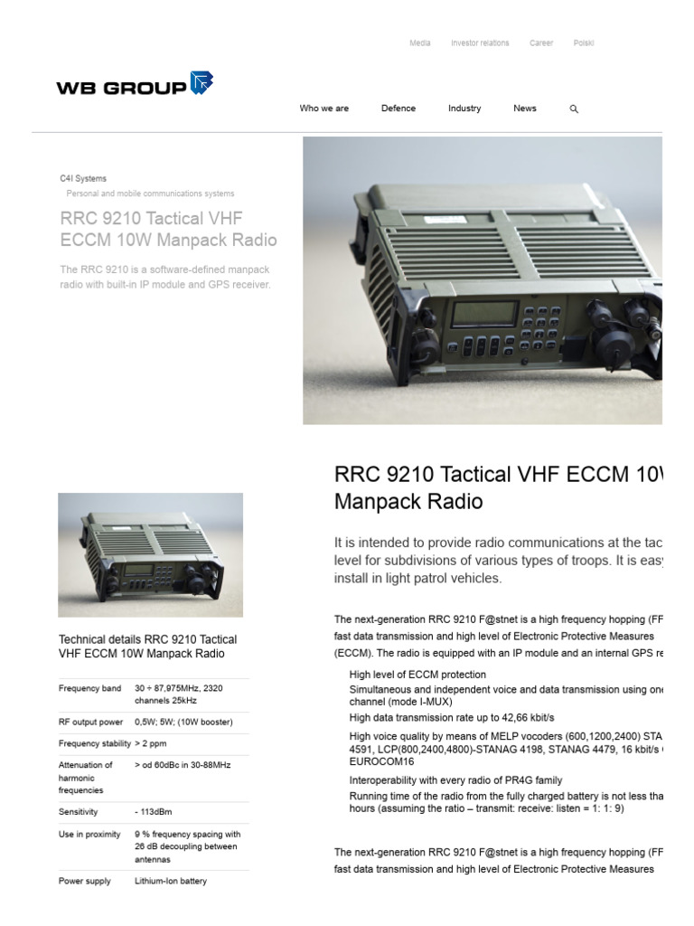 RRC 9210 Tactical VHF ECCM 10W Manpack Radio - WB GROUP | PDF | Radio | Very High Frequency