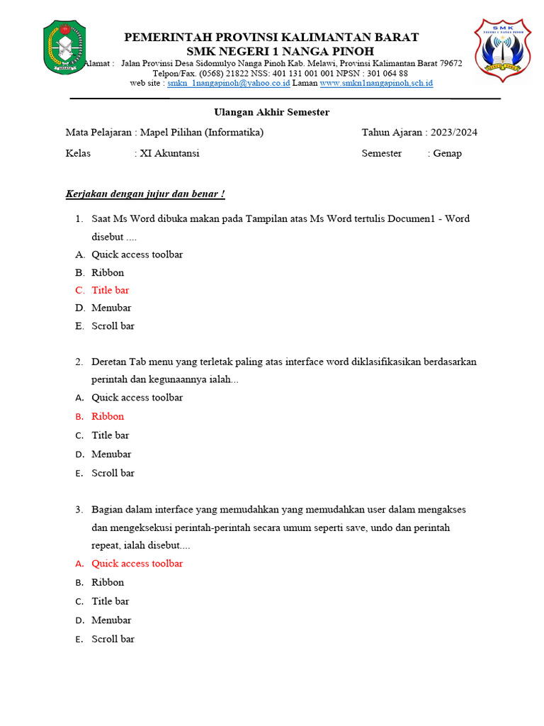 Ulangan XI AK (MAPEL PILIHAN) INFORMATIKA (GENAP) 2024 | PDF