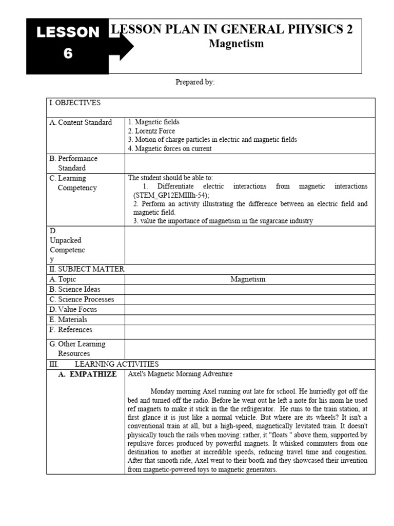 Lesson Plan Outline | PDF | Magnetic Field | Force