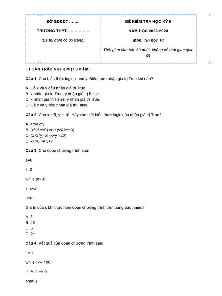 De Thi hk2 Tin Hoc 10 CD de 2 | PDF