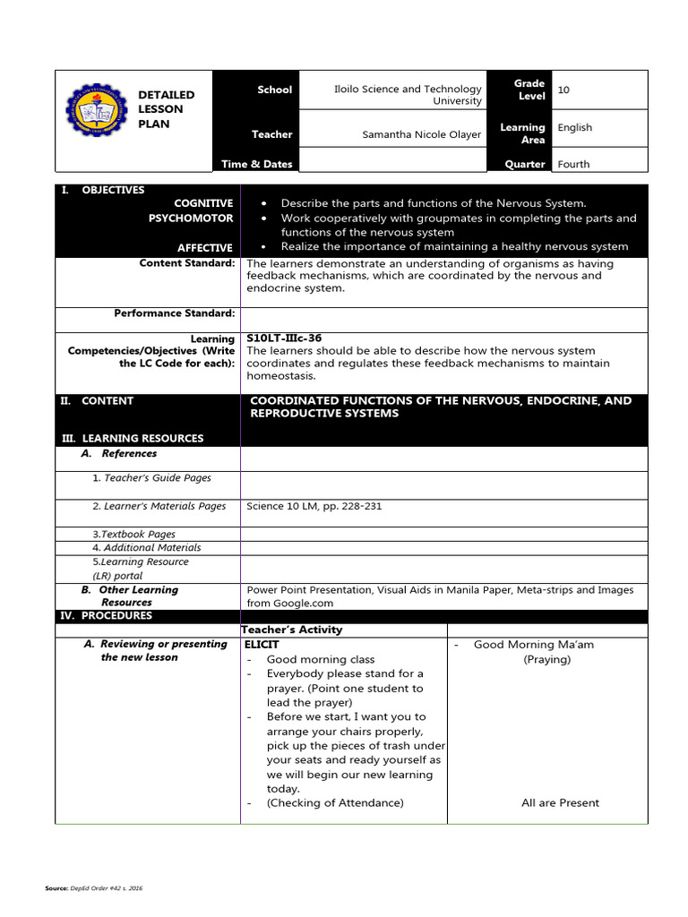 DAYA Lesson Plan For Student Teaching Internship - 1 | PDF | Autonomic ...