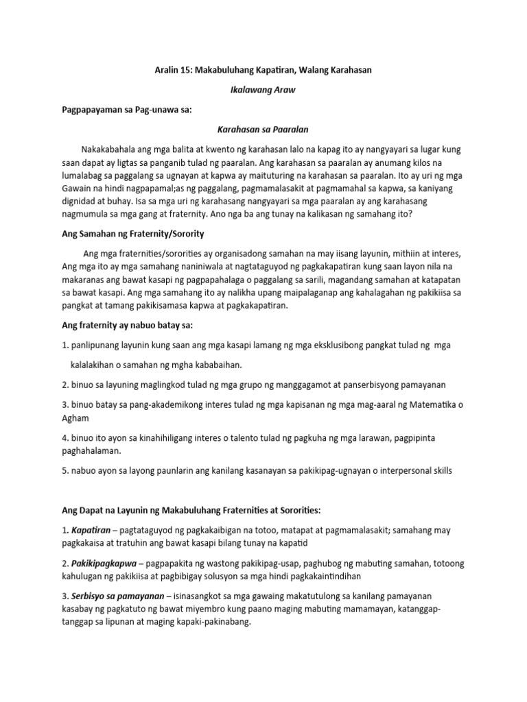 Aralin 15 Makabuluhang Kapatiran Walang Karahasan Ikalawang Araw | PDF