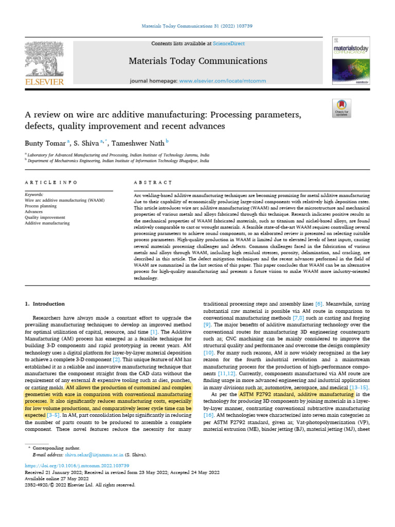 A Review On Wire Arc Additive Manufacturing Processing Parameters