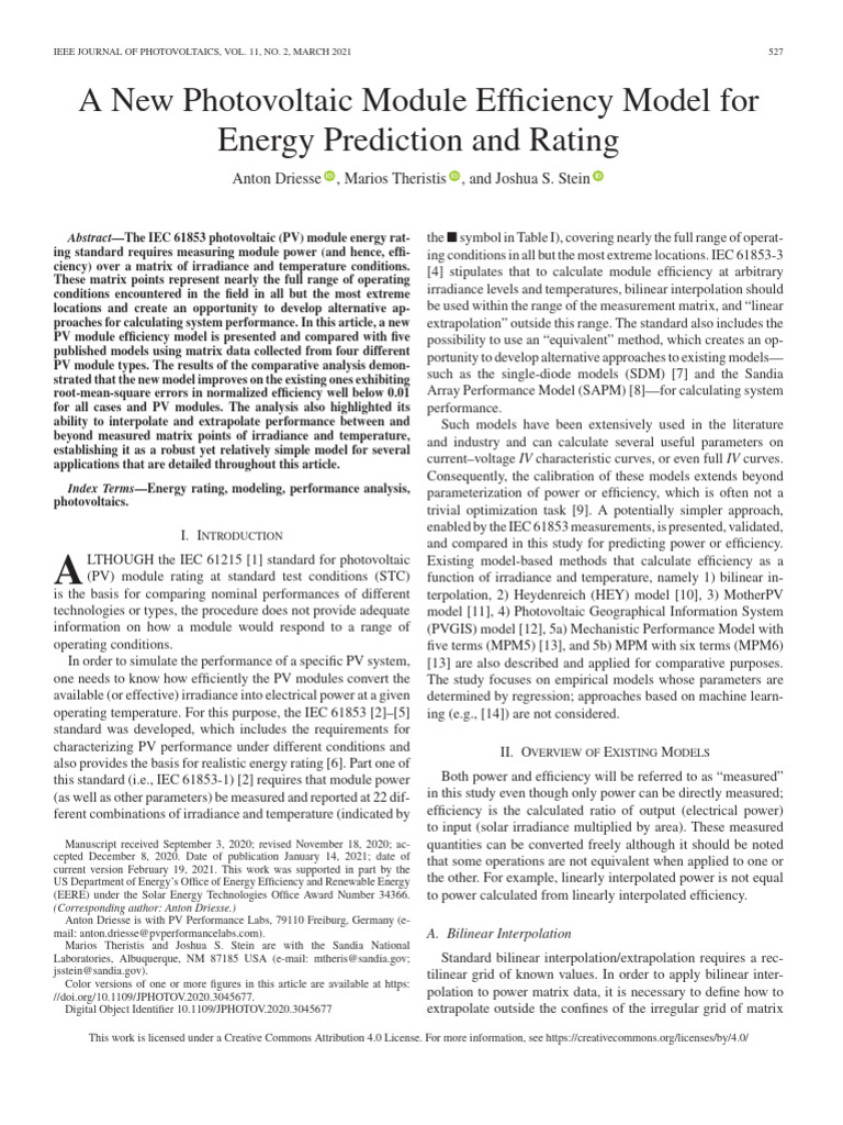 A New Photovoltaic Module Efficiency Model For Energy Prediction and Rating | PDF ...