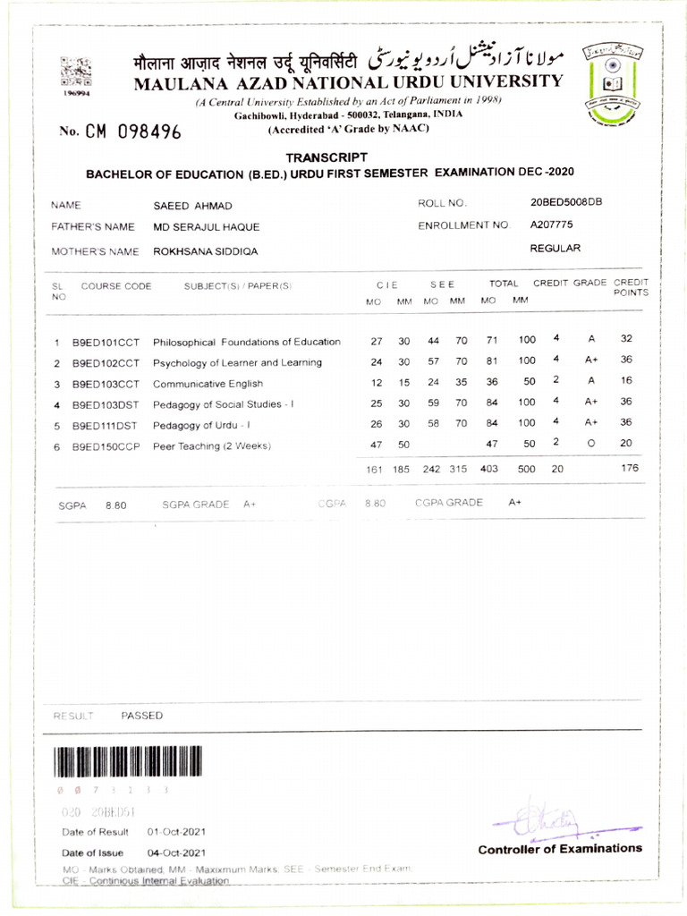 B.Ed. Transcript for Saeed Ahmad | PDF | Qualifications | Educational ...
