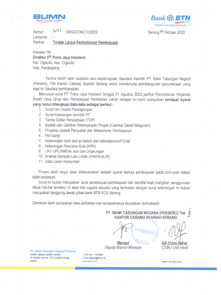 Tindak Lanjut Permohonan Pembiayaan (PT Putra Jaya Indoland) | PDF
