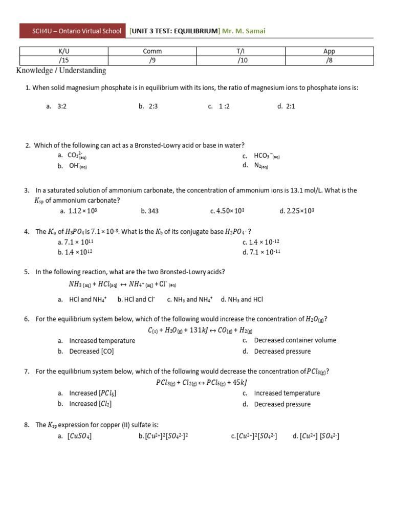 1700588571-Unit 3 Test - Mr. Samai | PDF | Chemical Equilibrium | Acid