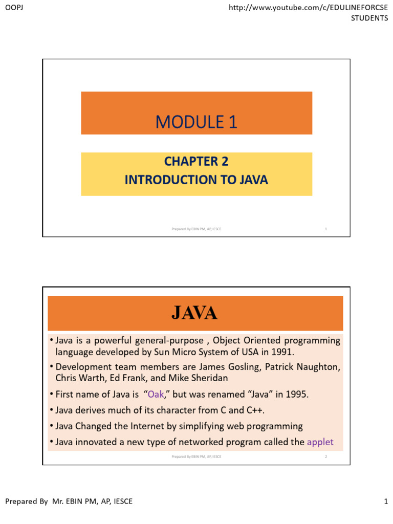Introduction To Java: Prepared by EBIN PM, AP, IESCE 1 | PDF | Java Virtual Machine | Java ...