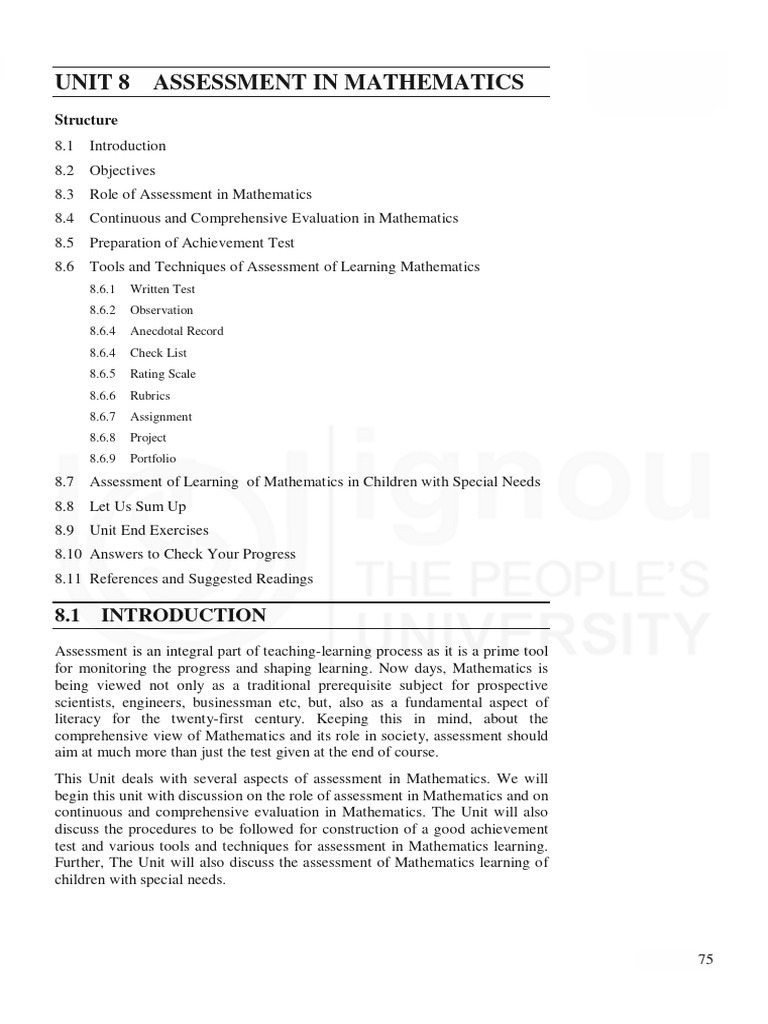Unit-8 Assessment in Math (IGNOU) | PDF | Educational Assessment | Learning