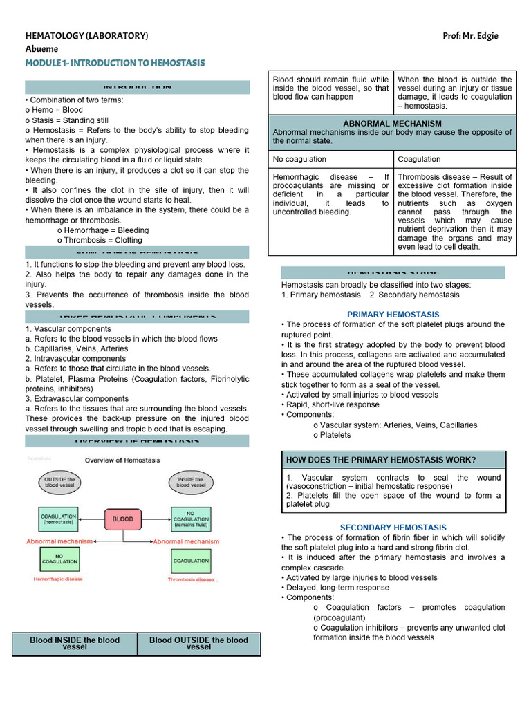 Module 1 - Hema (Lab) | Download Free PDF | Hemostasis | Coagulation