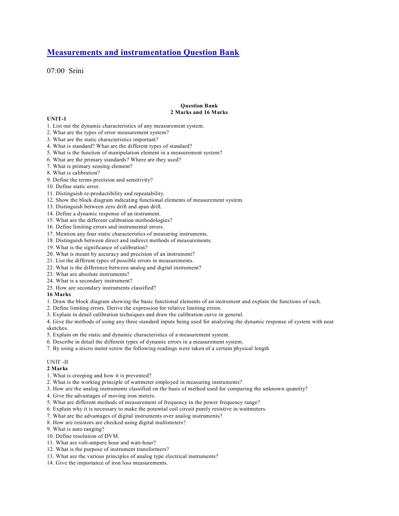 Measurements and Instrumentation Question Bank | PDF | Measuring ...