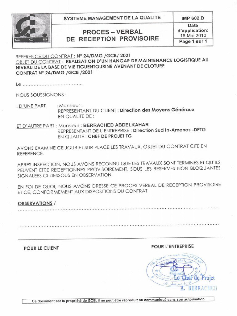 Reception Provisoire | PDF