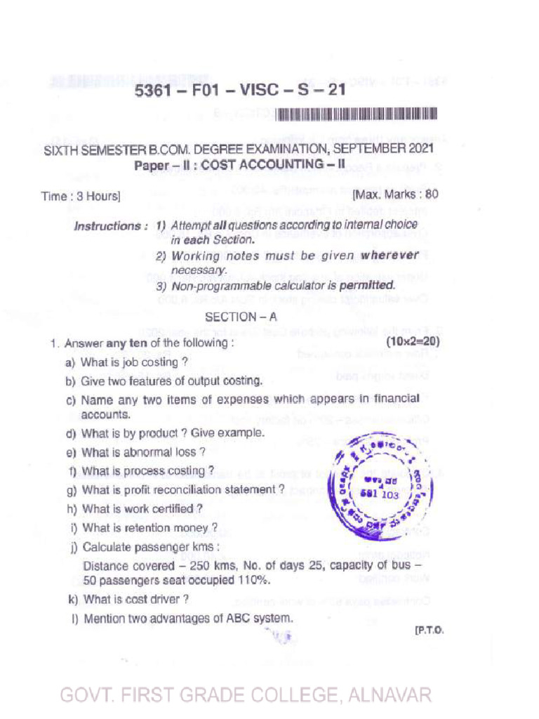 Cost Accounting 2021 QP | PDF