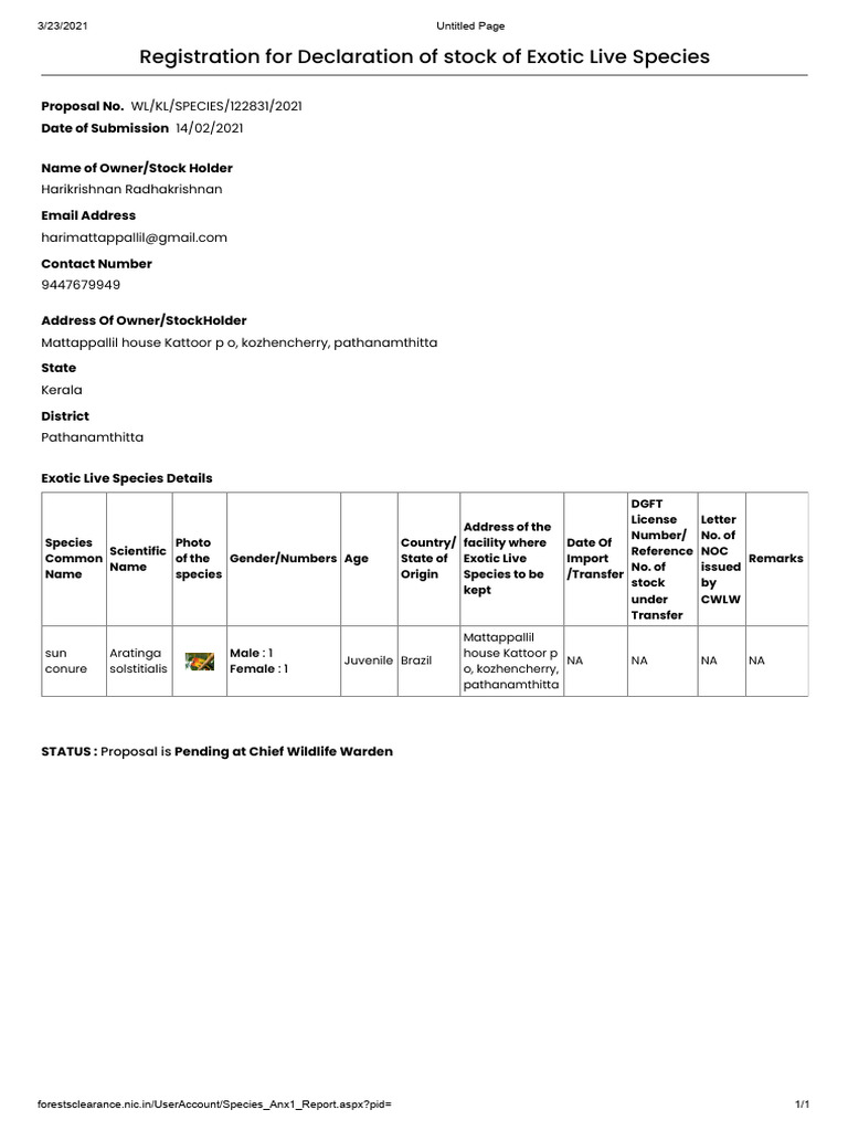 Registration For Declaration of Stock of Exotic Live Species | PDF ...