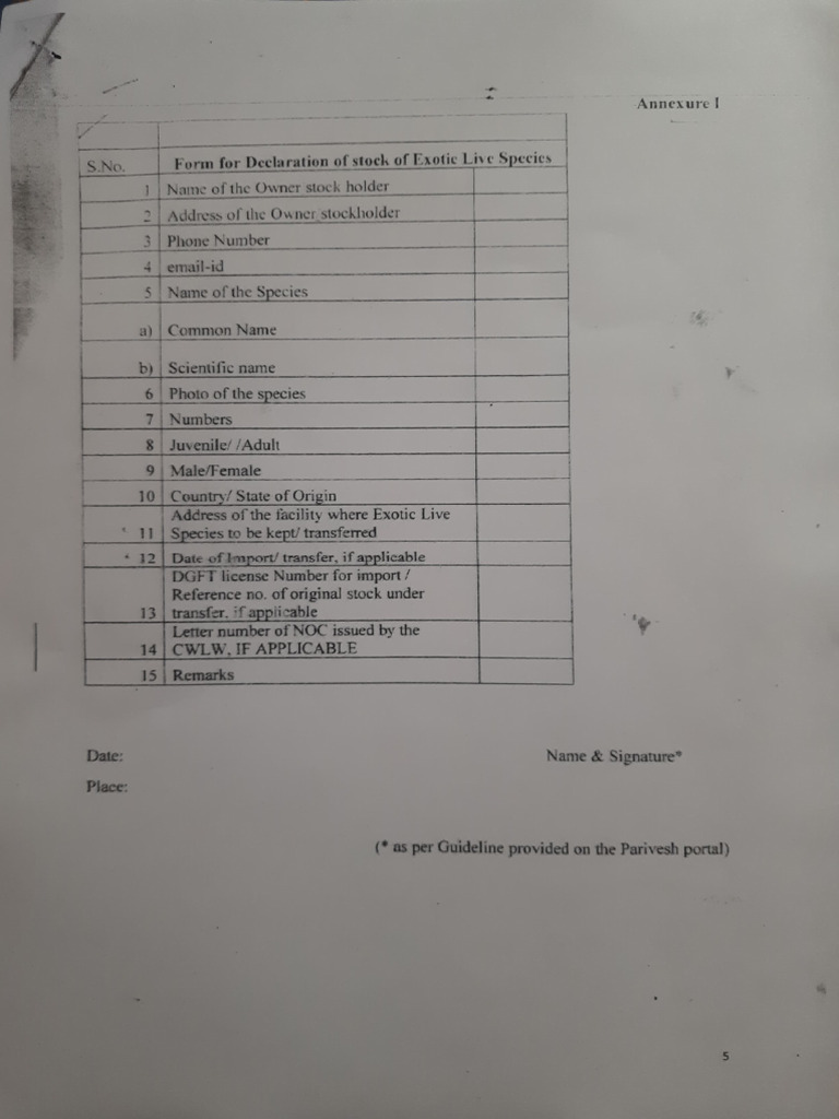 Exotic Species Stock Declaration Form | PDF