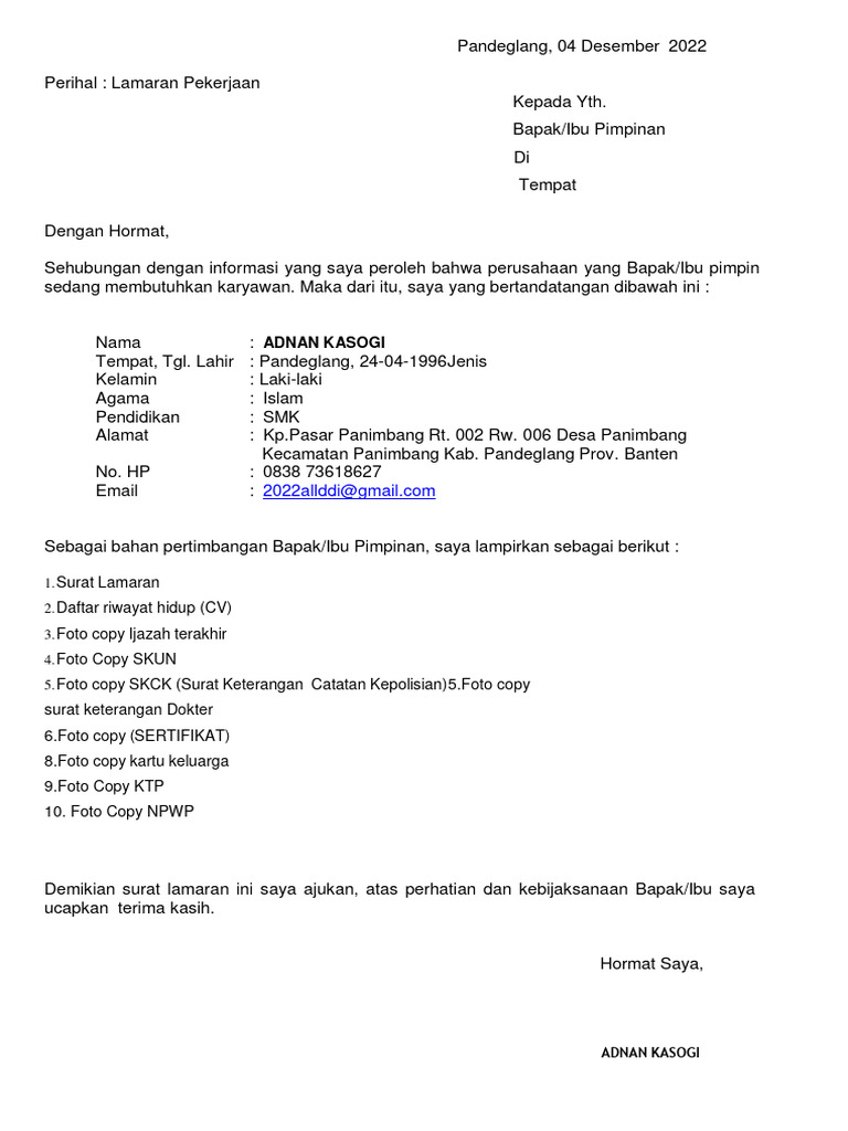 Lamaran Kerja Adnan Kasogi | PDF