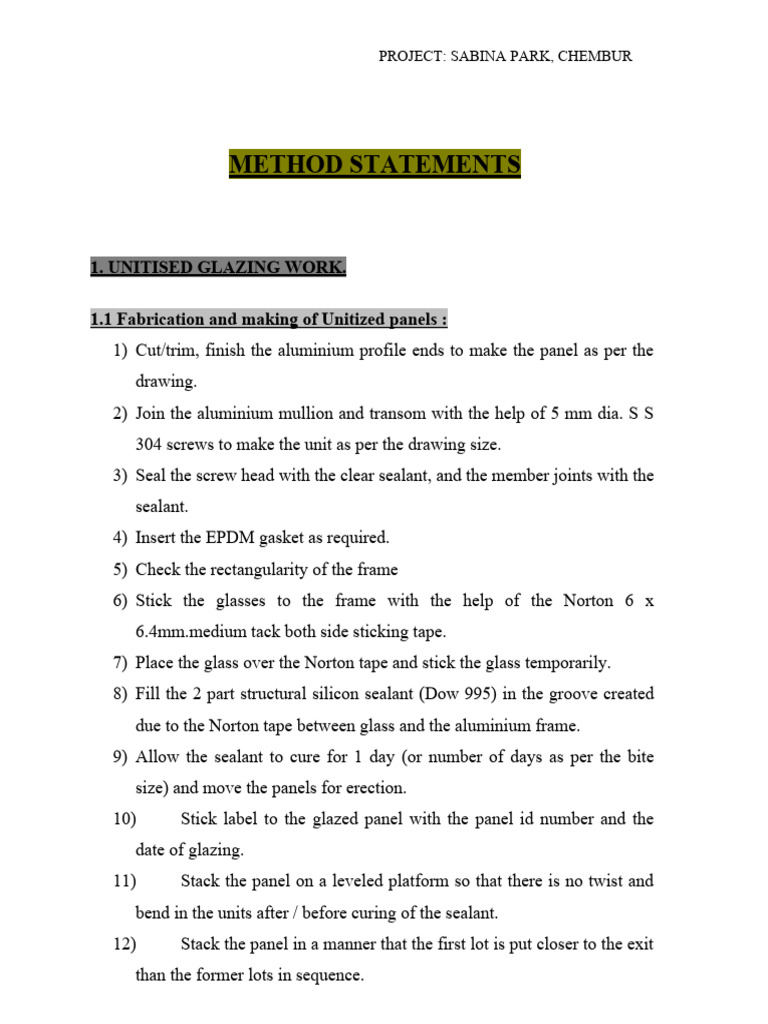 Sabari Park - METHOD STATEMENT FOR UNITIZED GLAZING | PDF
