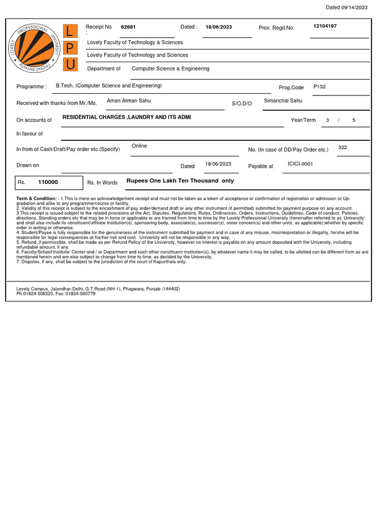 RPT Studentfee Receipt | PDF | Payments | Receipt