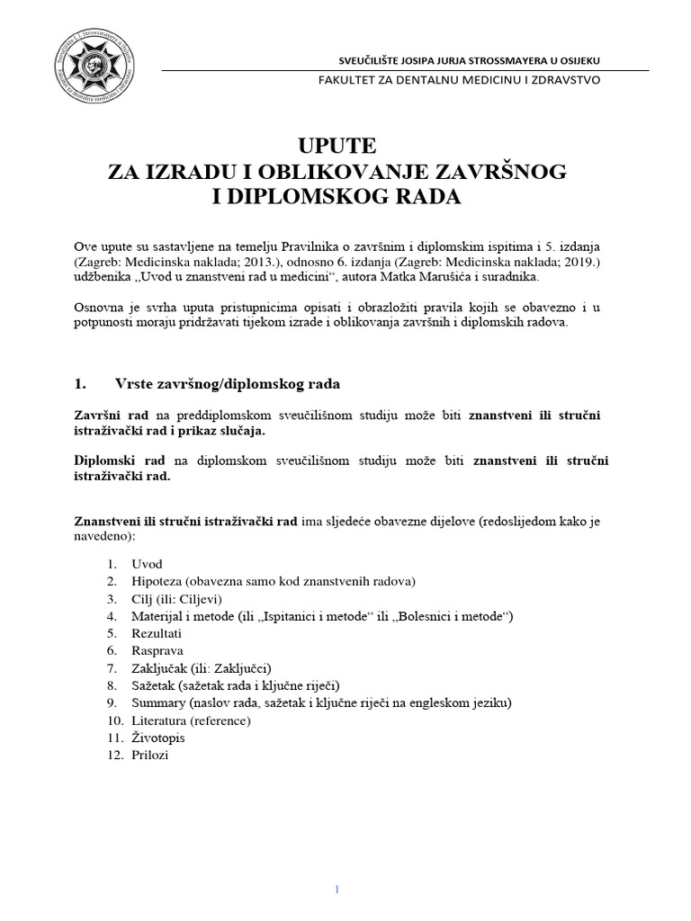 10-2021 Upute Za Izradu I Oblikovanje Zavrsnog I Diplomskog Rada JP | PDF