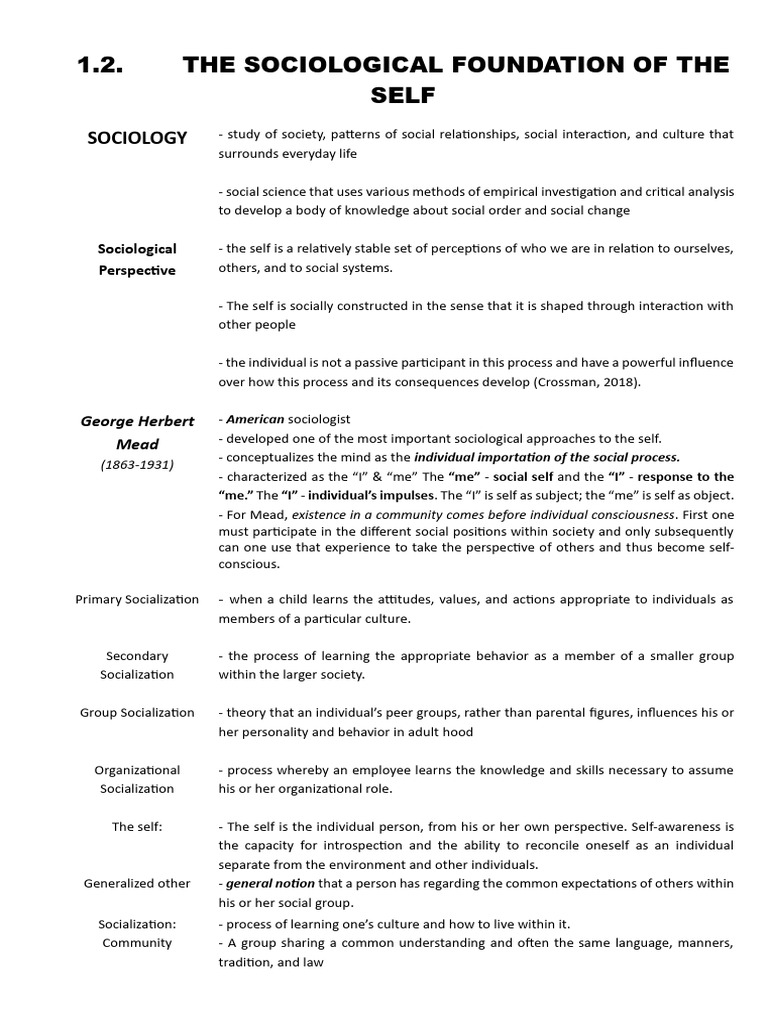 1.2-1.4 PSYCH 1100 Reviewer Notes | PDF | Self | Socialization