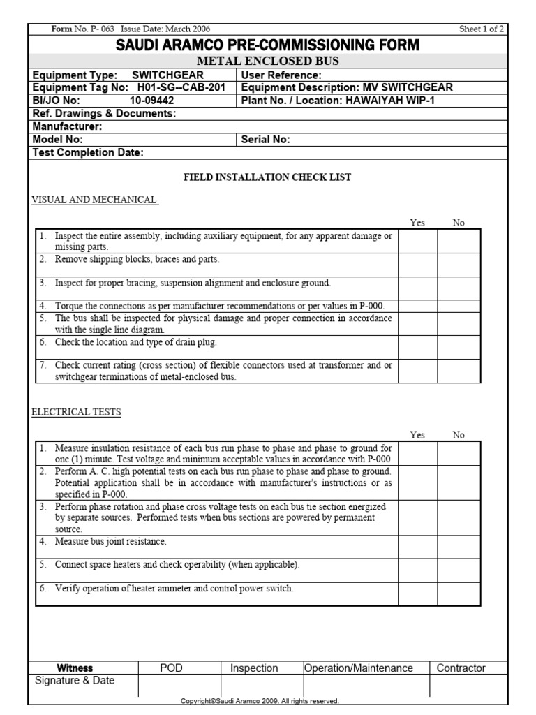 Saudi Aramco Pre-Commissioning Form: Metal Enclosed Bus | PDF ...