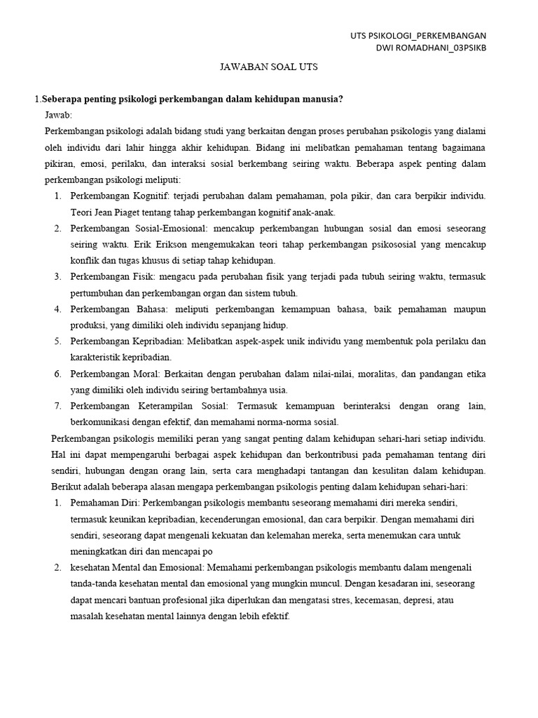 Uts Psikologi Perkembangan Dwiromadhani | PDF | Pengembangan Diri | Sains & Matematika
