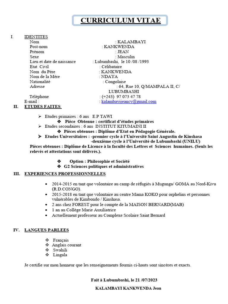 Jeancy Kalambayi CV. | PDF | Niveaux d'enseignement