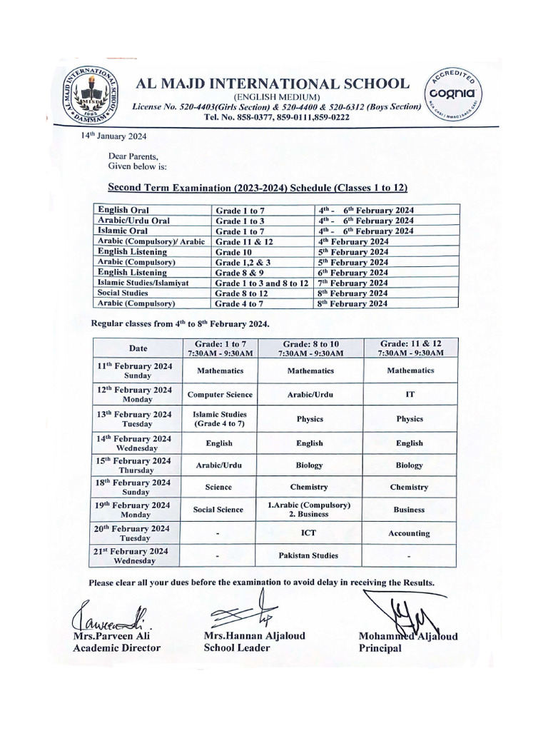 Second Term Examination Schedule 2023-2024 | PDF