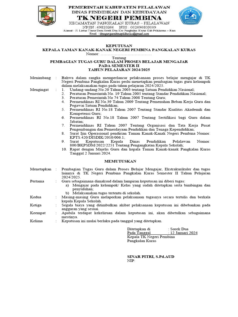 SK Pembagian Tugas Paud | PDF