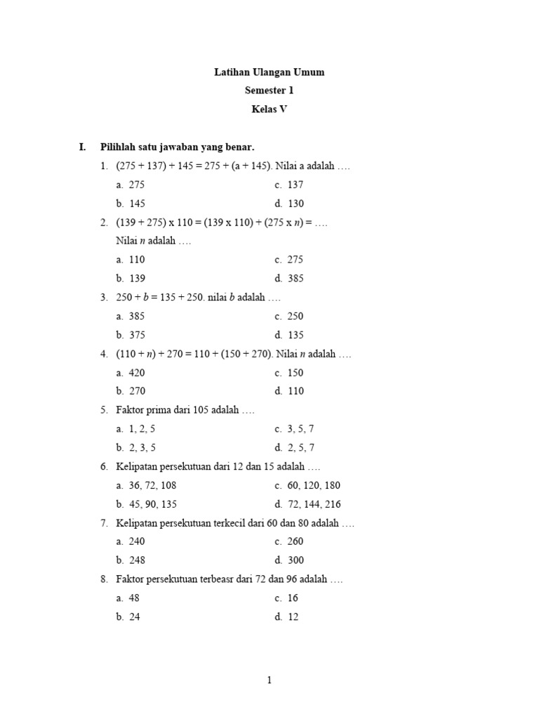 Soal Kelas 5 Sd Ulangan Umum Semester I Matematika Pdf