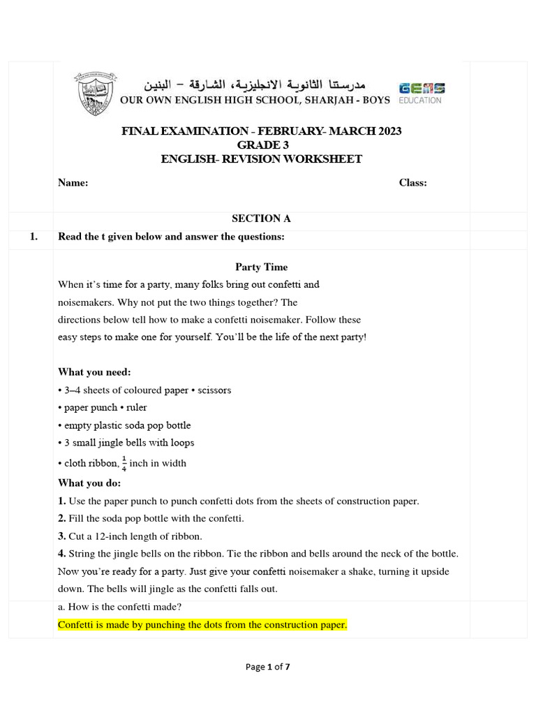 Answer Key - Revision Worksheet Final Examination | PDF